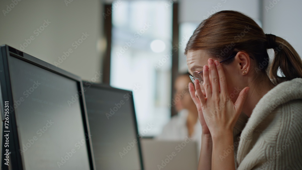 Software developer thinking solution closeup. Stressed woman ... Software developer thinking solution closeup. Stressed woman ...
