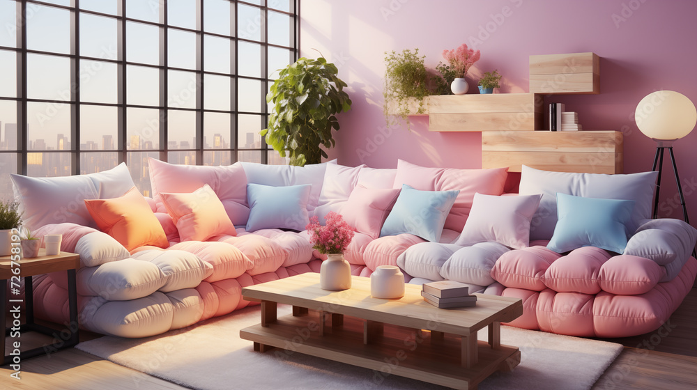 Energizing bright living room dopamine decor background image. Interior ...