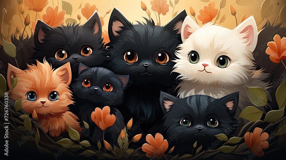 Cartoon cats pattern, art, illustration. Group photo of kittens ...