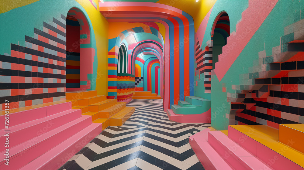 Colourful liminal space, labyrinth architecture, multiverse connections ...