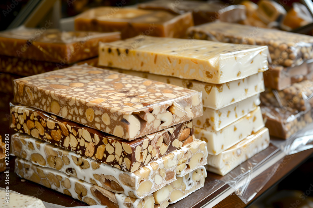 Stacked turron assortment. Assorted turron bars displayed at a market ...