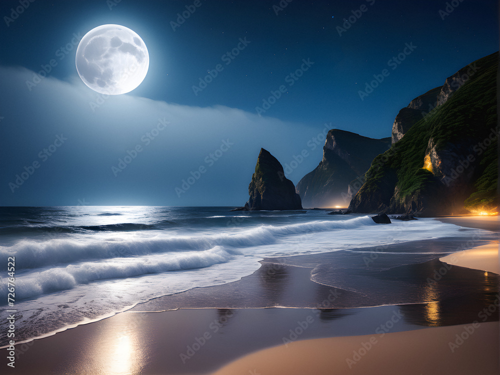 Mystical Moonlit Serenity: Enigmatic Night on the Beach with Silver ...