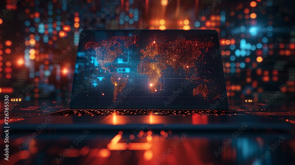 Laptop with a world map for data structuring Complexity graphs and ...