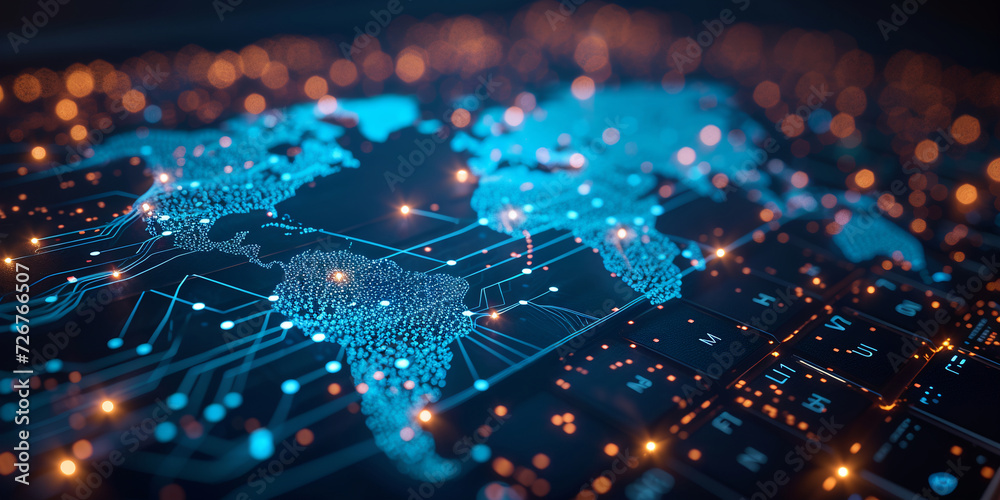 World map on a laptop for processing big data Complexity graphs and ...