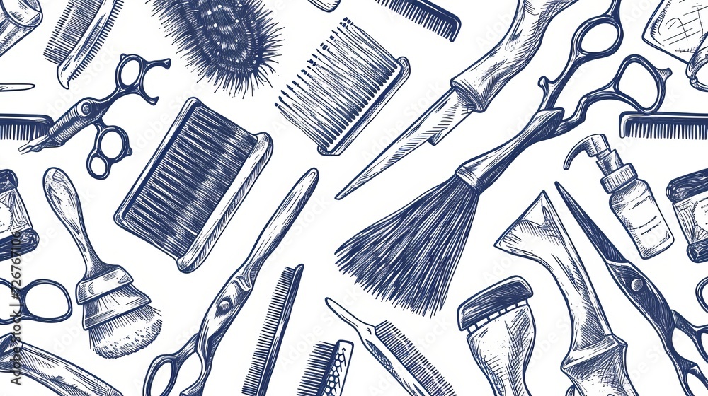 Barber Shop seamless pattern with doodle Hand drawn razor, scissors ...