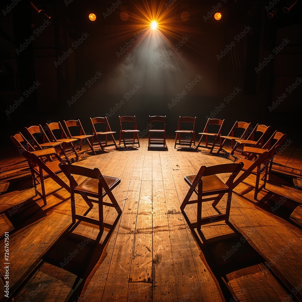 Dimly lit theater stage with an inviting ring of chairs, light ...