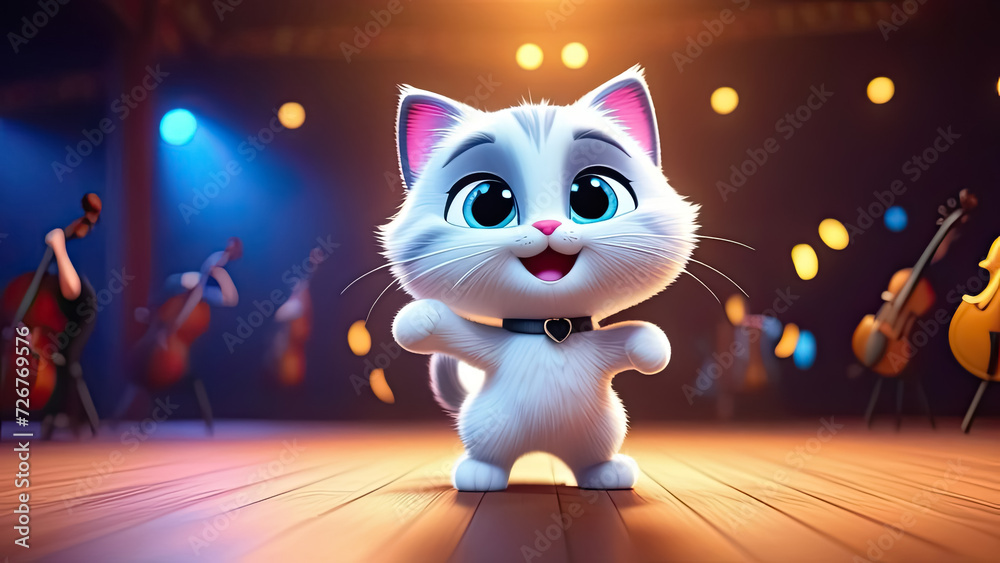 Cute cat dancing on stage with spotlights. Cat dancer. Cartoon cat ...