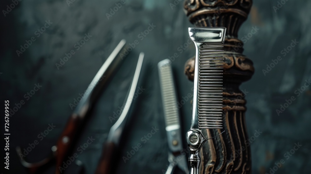 Razor, scissor and comb with pole emblem background concept. Barbershop ...