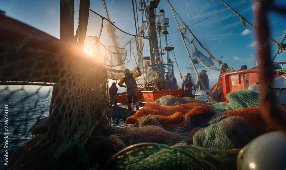 Tired fishermen team working on a trawler boat in the open sea during ...