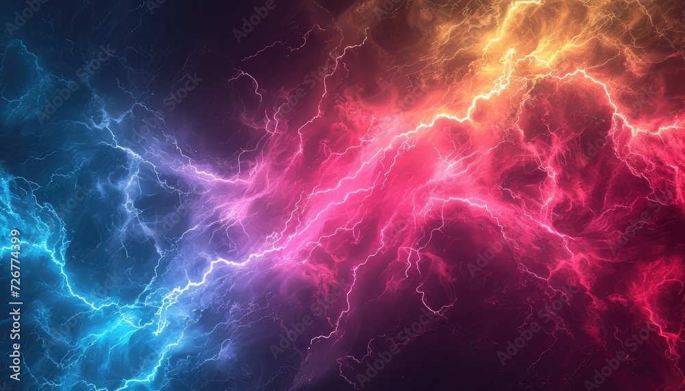 Abstract colourful thunder lightnings against black sky background ...