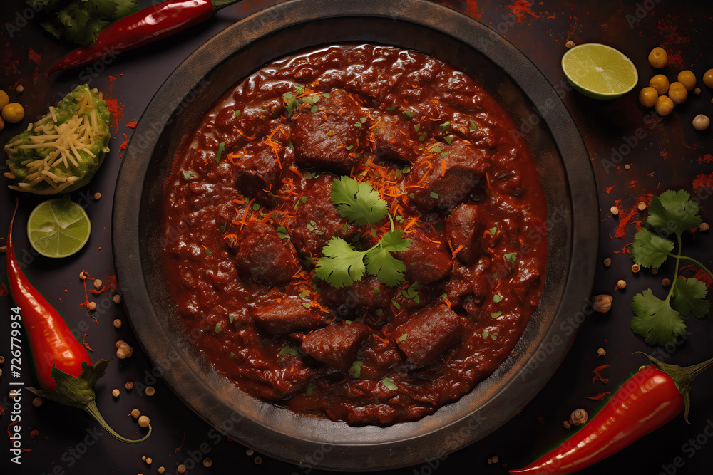 This image features a top view of a Mexican mole in a rustic bowl. The ...