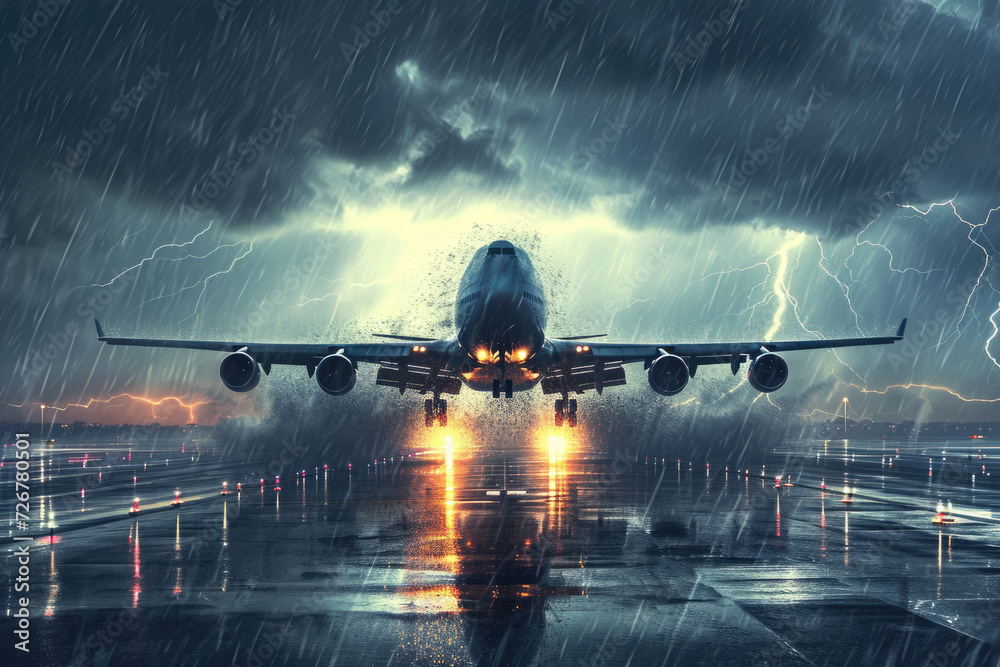 cargo plane taking off from a runway in the rain. The plane is kicking ...