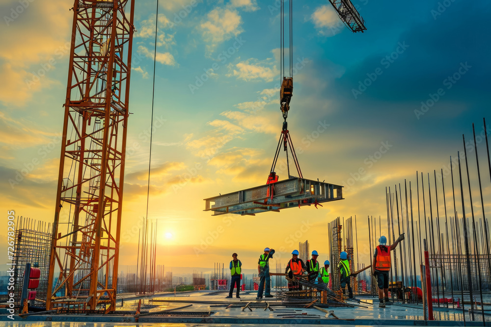 construction site with a large crane lifting a steel beam into place ...
