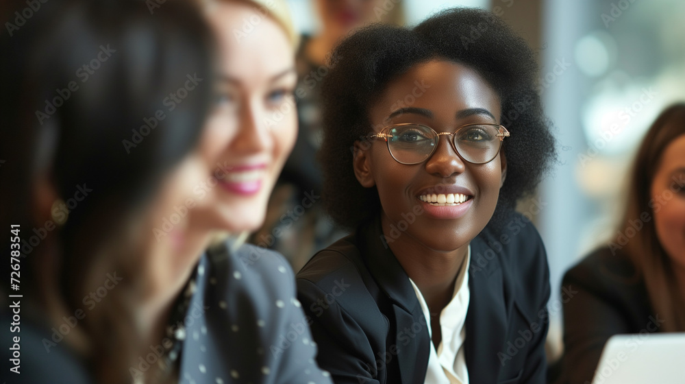 Diverse and inclusive female colleagues collaborating and smiling in a ...