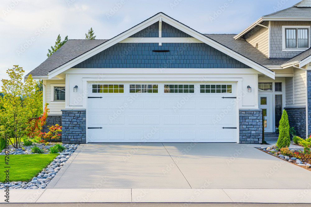Garage door background. A typical American white garage door with a ...