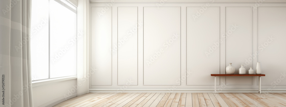 Extra wide white neutral and beige virtual empty interior room ...