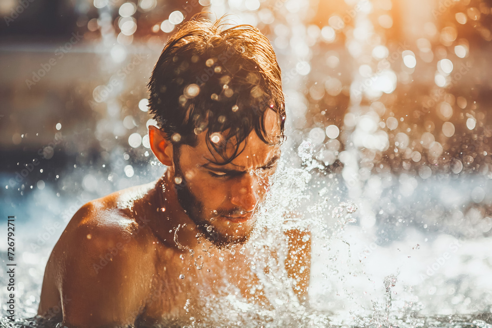 Exhausted young man cooling with splashes of water in fountain in ...