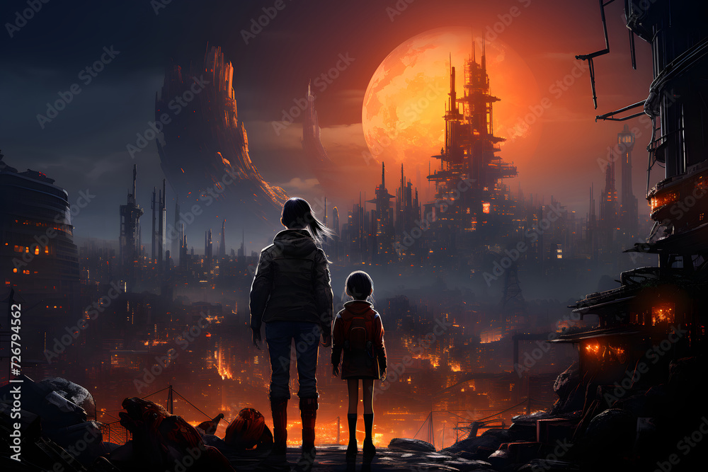 The older sister and her younger sister stand on top of the ruins and ...