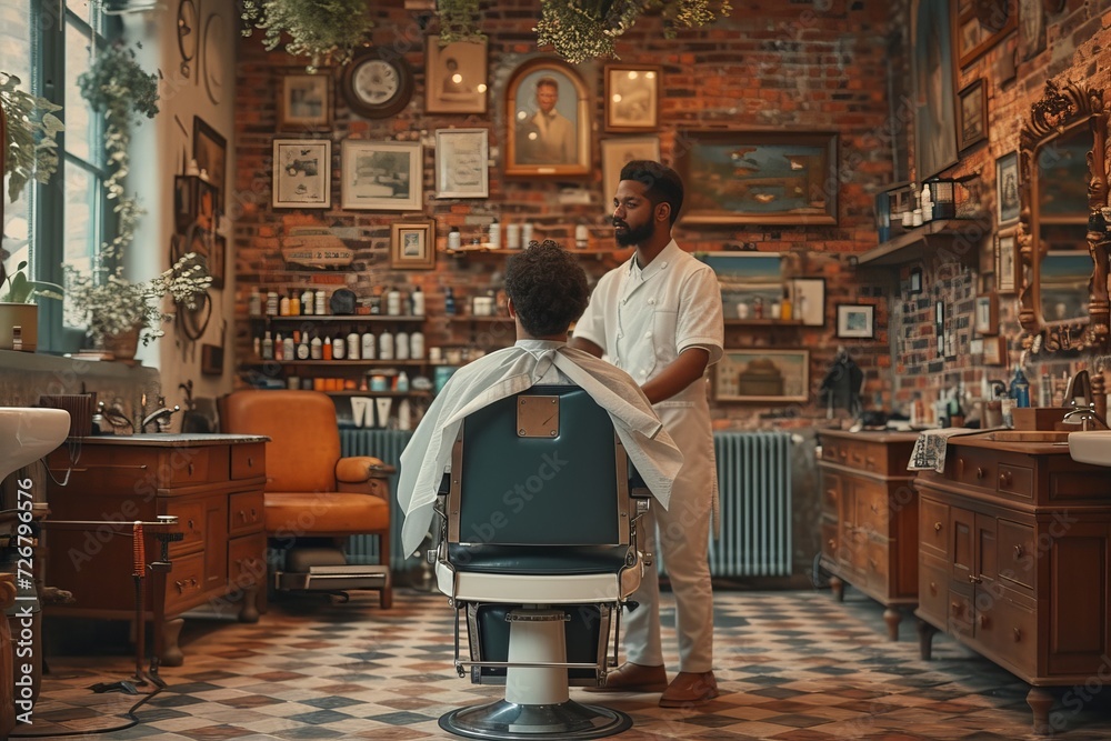 A dapper gentleman sits comfortably in a vintage barber shop ...