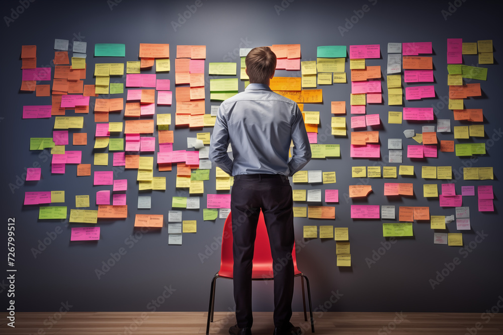 Business man professional project manager standing at Kanban board ...