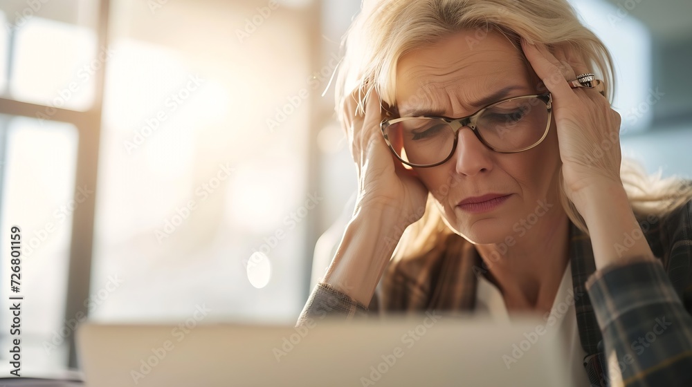 Worried fatigued mature business woman wearing glasses having headache ...