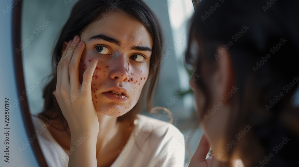Close up unhappy sad woman looking at red acne spots on chin in mirror ...
