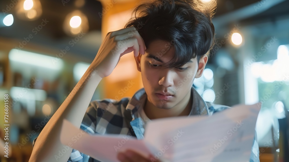 Confused frustrated young man reading letter in cafe, debt notification ...
