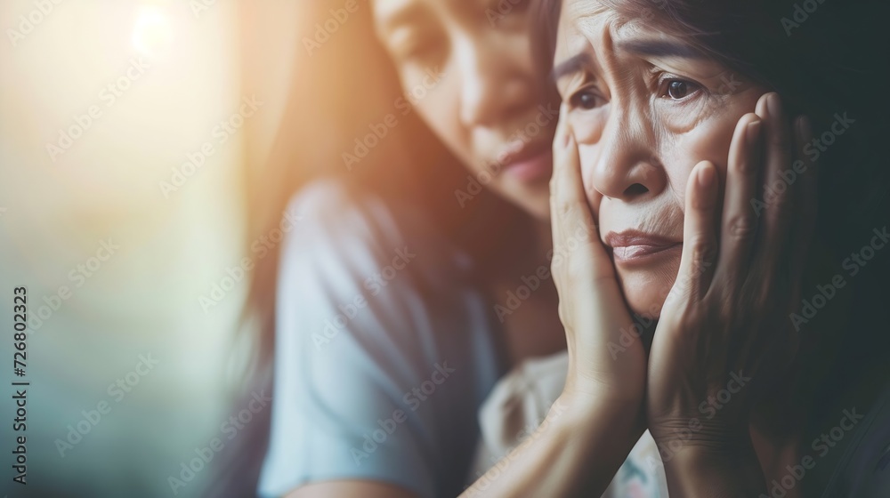 Middle aged asia people old mom holding hands trust comfort help young ...