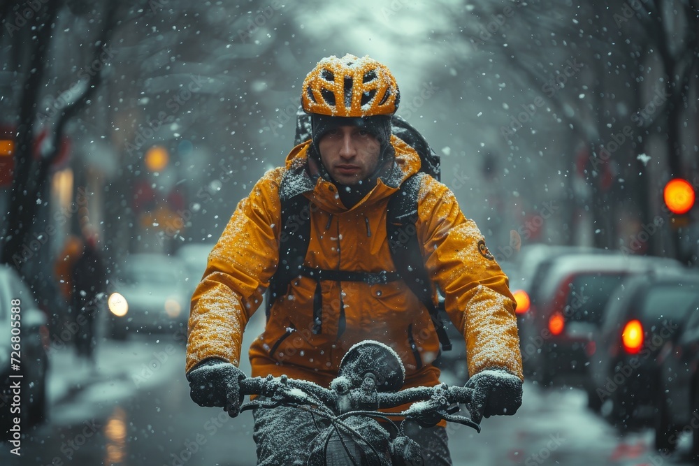 Braving the winter chill, a cyclist navigates the snowy streets with ...