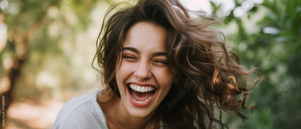 Captivating Laughter in Lush Greenery: Exuberant Young Woman Enjoying a ...