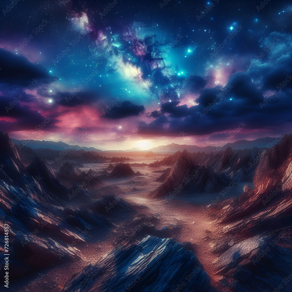 Breathtaking Rocky Mountain Terrain Fantasy Universe at Night with ...