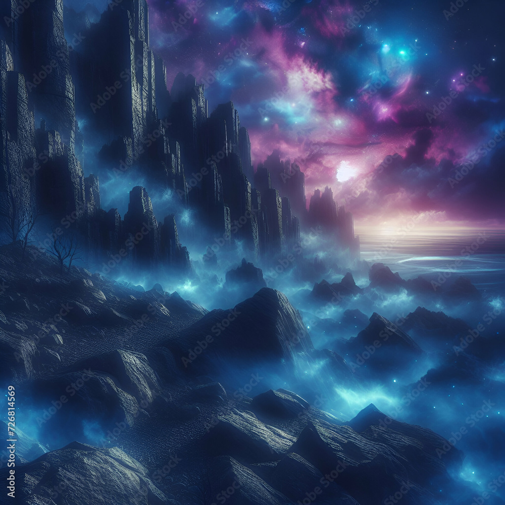 Breathtaking Rocky Mountain Terrain Fantasy Universe at Night with ...