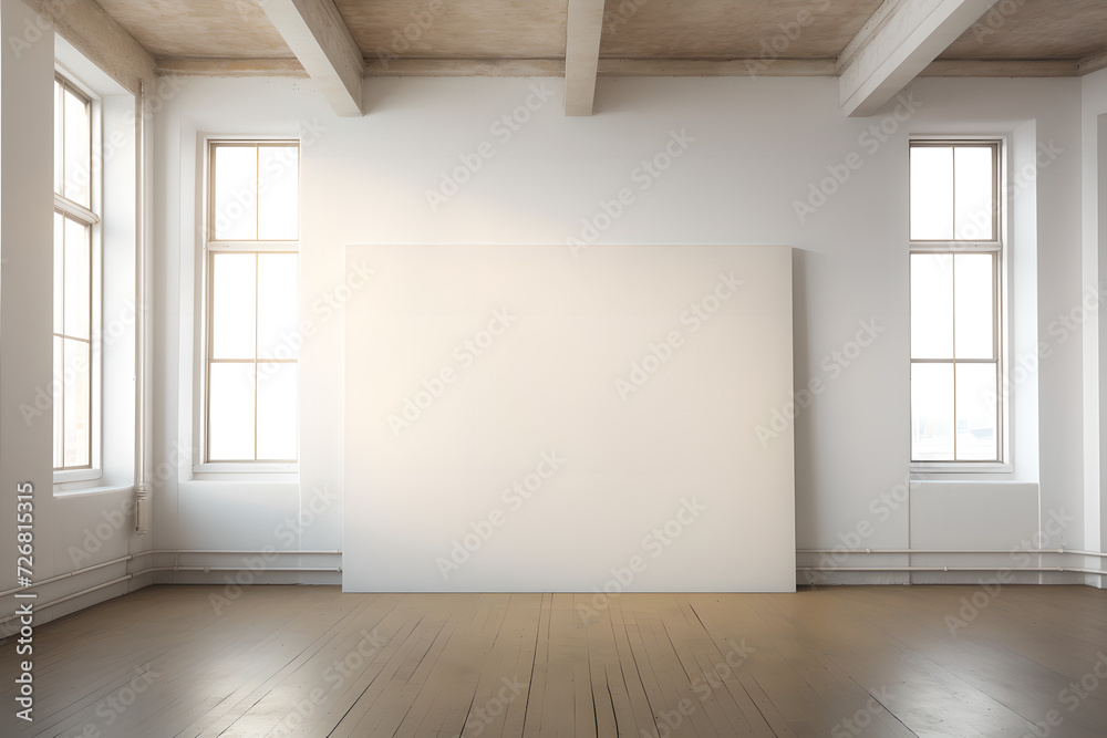 blank white canvas poster mockup on white wall on a empty white room ...
