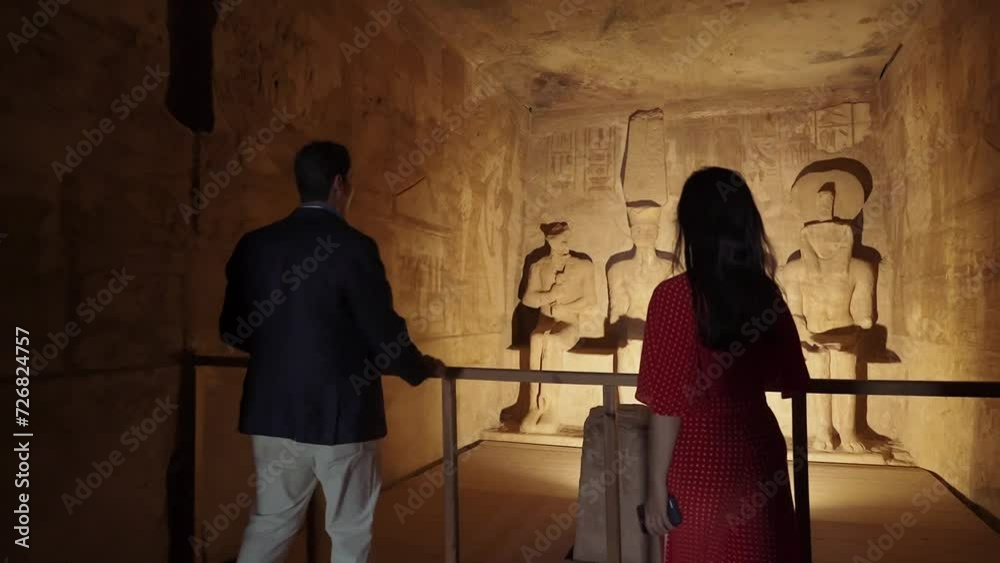 Young man traveler with his wife exploring ancient Egyptian abu simble ...