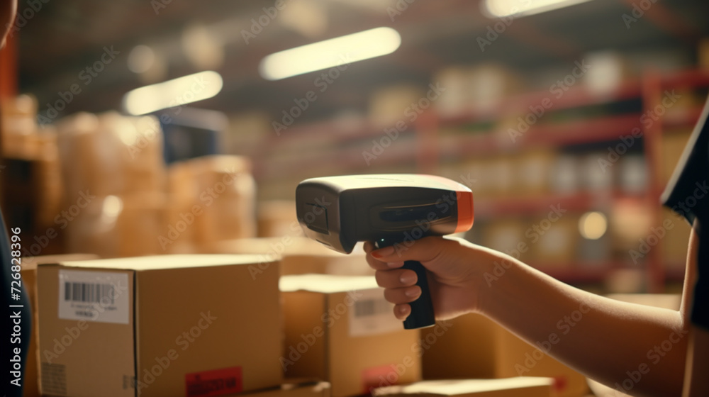 A Person's hands are shown up close as she uses a barcode scanner to ...