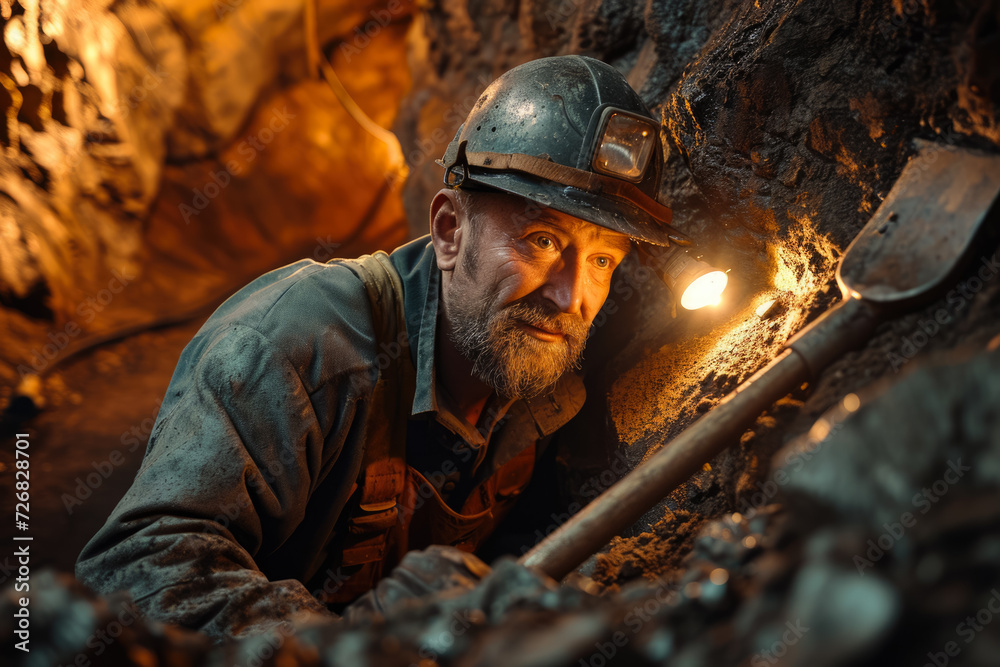 miner digging a tunnel in a mine with a pickaxe and a hardworking look ...