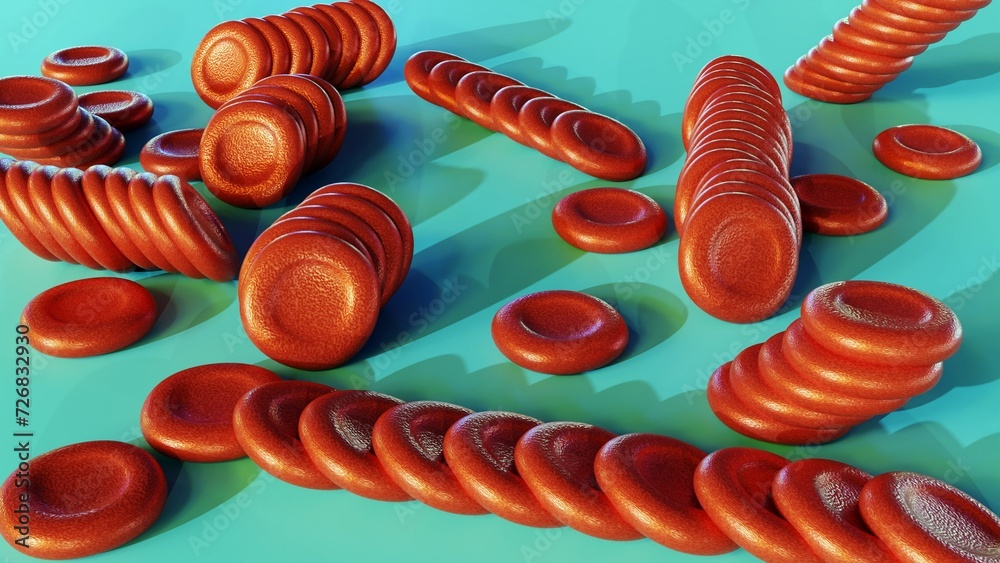 3d rendering of rouleaux, these are stacks or aggregations of red blood ...