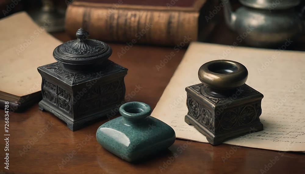 A collection of antique inkwells, each one bearing the patina of time ...