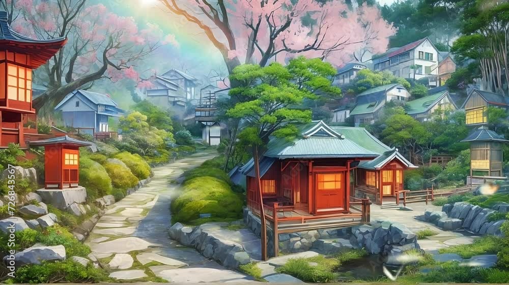 An early morning scene in a Japanese village. A village of Japanese ...