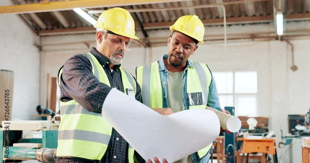 Man, architect and team with blueprint in construction for planning ...