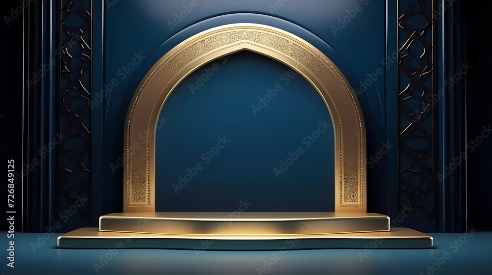 3d illustration of Luxury Islamic Podium with gold border, traditional ...