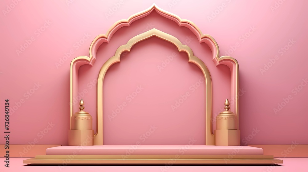 3d illustration of Luxury Islamic Podium with gold border, traditional ...