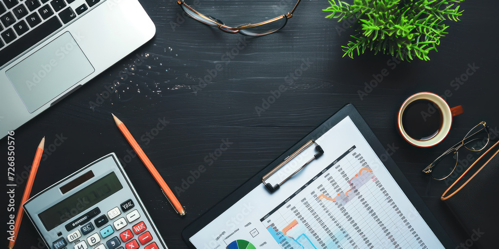 accounting work space with calculator, profit and tables on dark desk ...