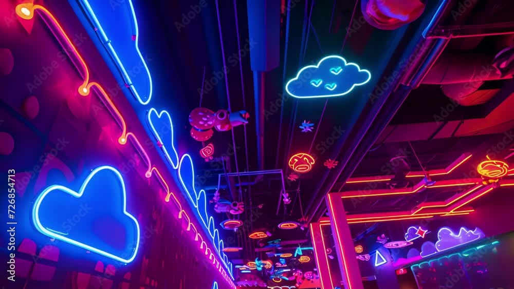 The ceiling is adorned with a neon Super Mario Bros. level complete ...