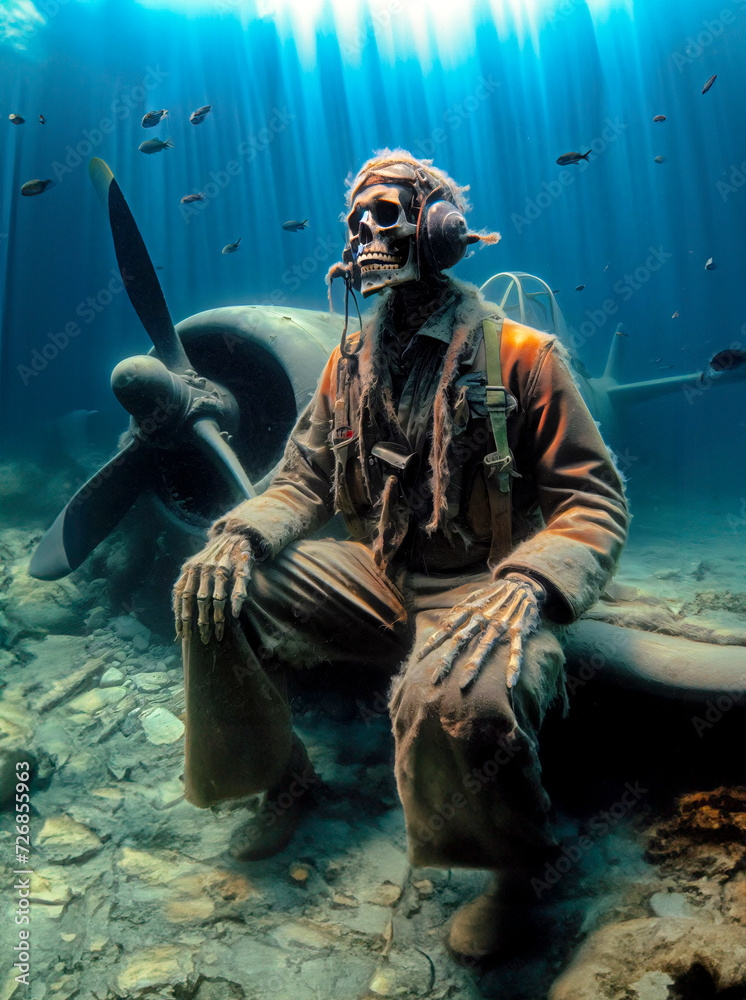 Closeup portrait of the skeleton of a World War 2 (WW2) pilot dressed ...