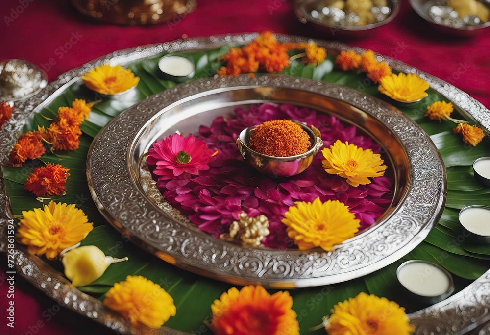 puja celebration Puja Hindu India arranged kumkum Decorated flowers ...
