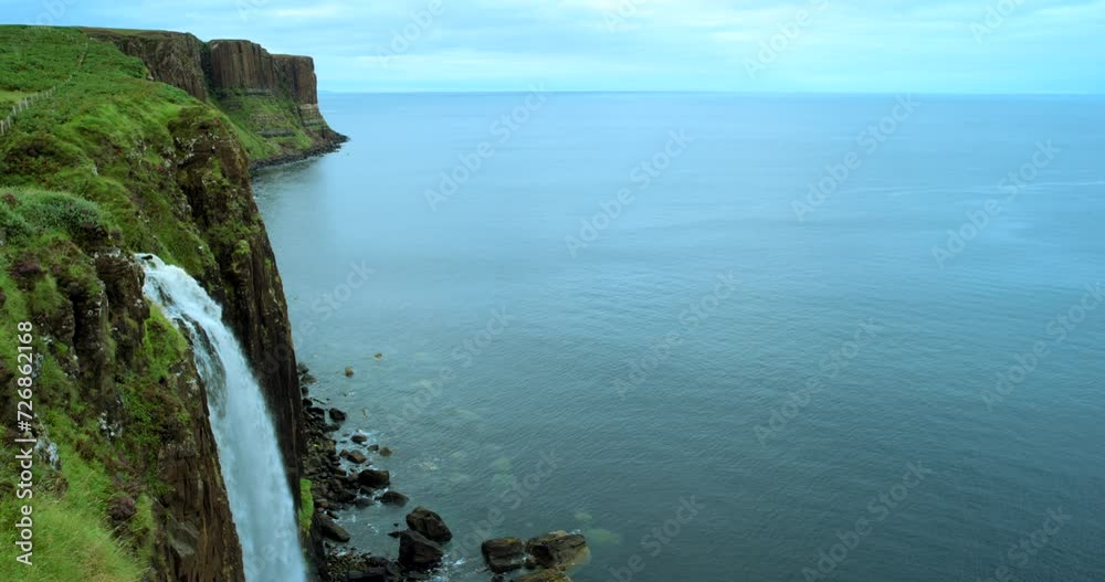 Mountain, cliff and waterfall at ocean in nature in Scotland ...