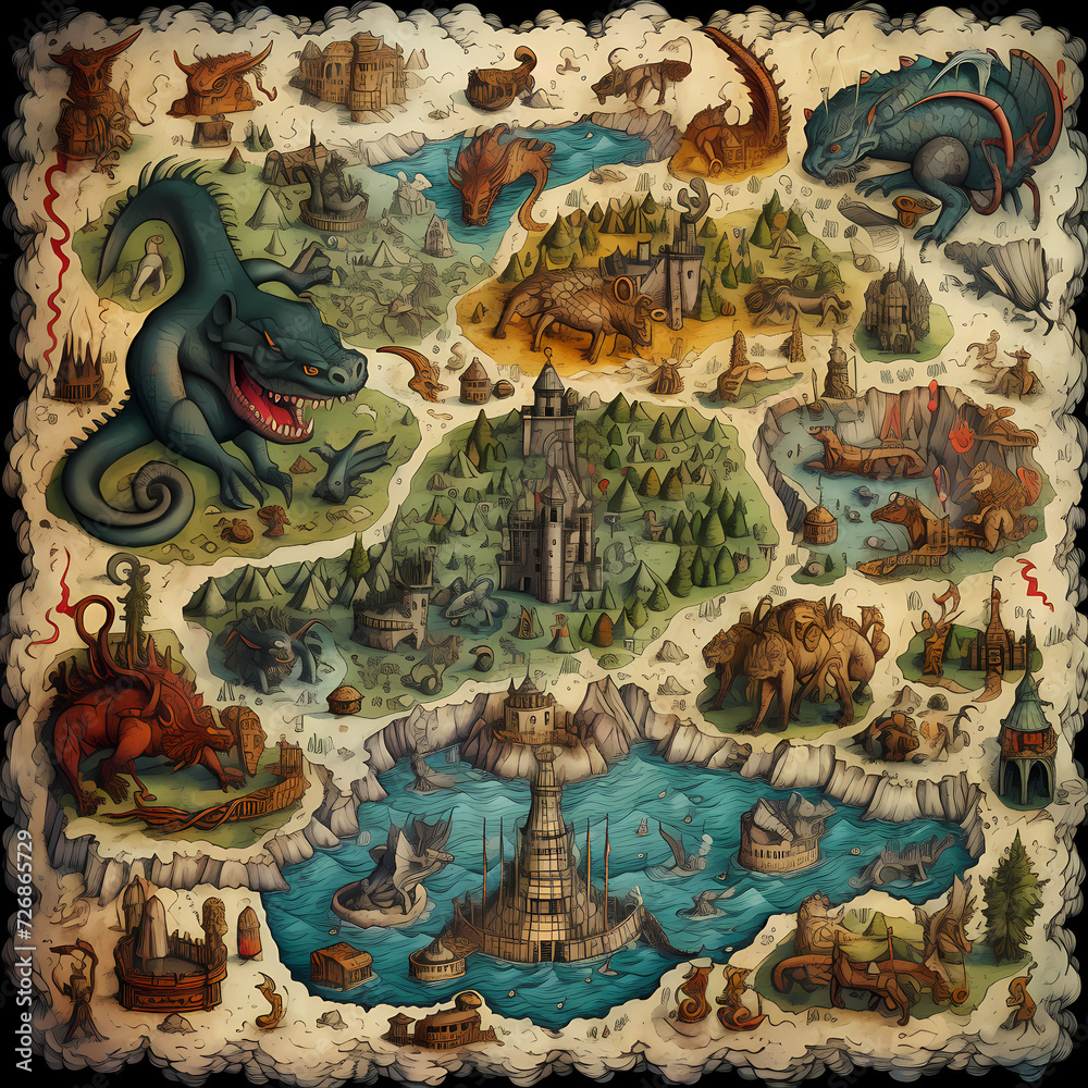 Ancient map with mythical creatures and landmarks. Stock Illustration ...