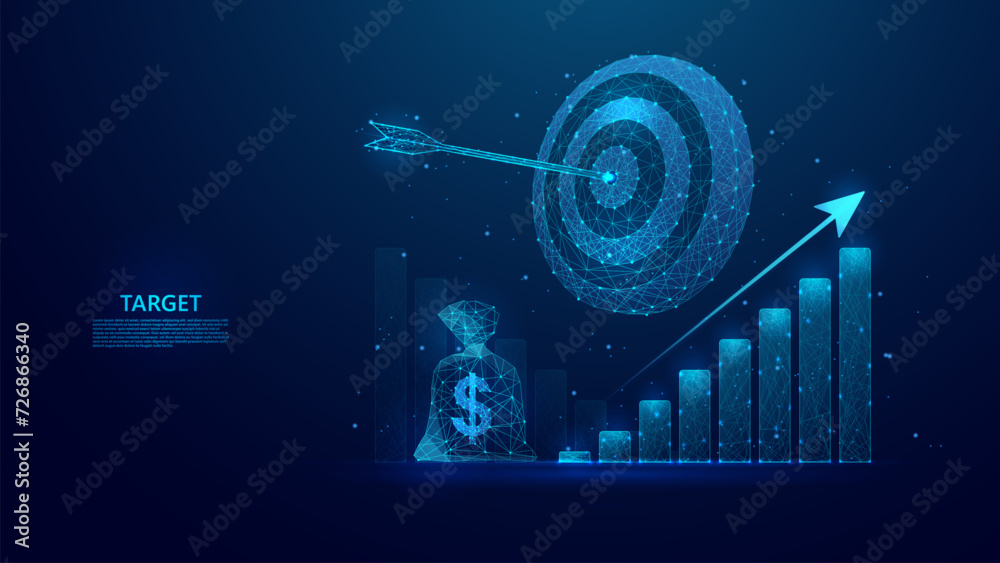 Blue low poly style abstract illustration of arrow hitting target and ...