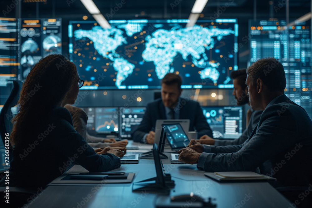 A team of cyber network defenders conducting a security briefing in a ...